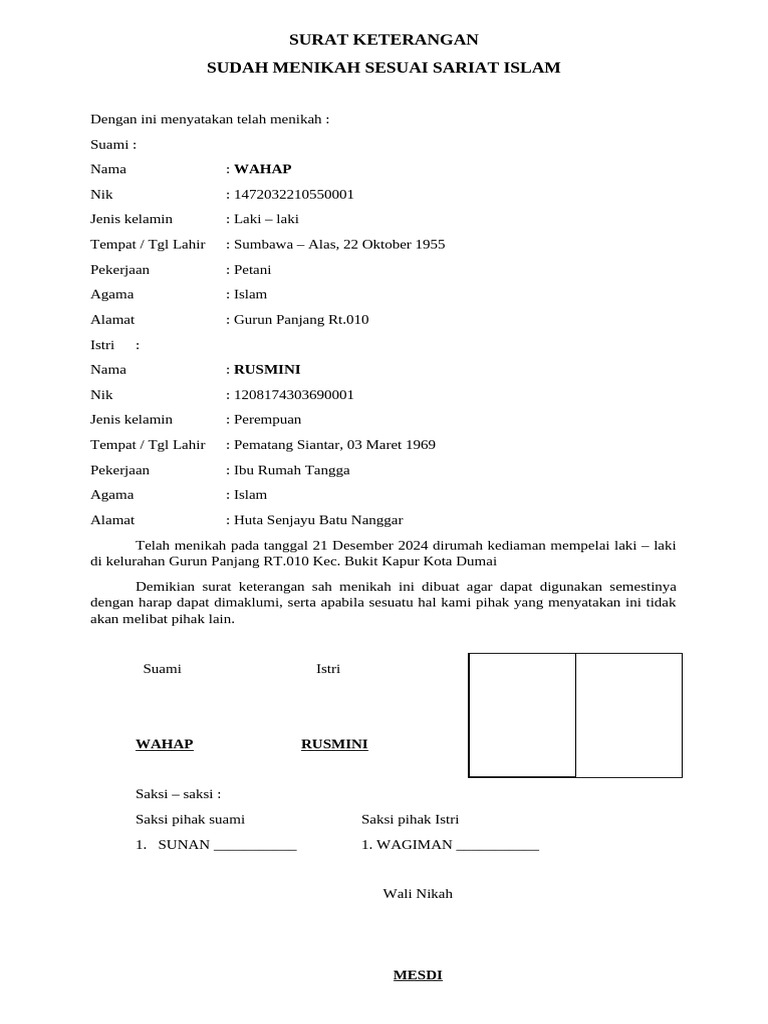 Surat Keterangan Menikah Wahap dan Rusmini | PDF