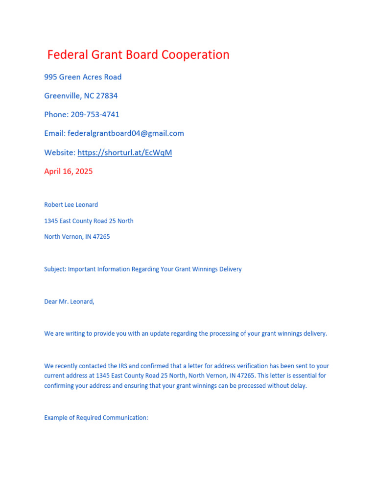 Grant Winnings Delivery Update Notice | PDF