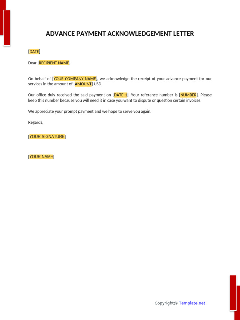 Advance Payment Acknowledgment Letter US | PDF