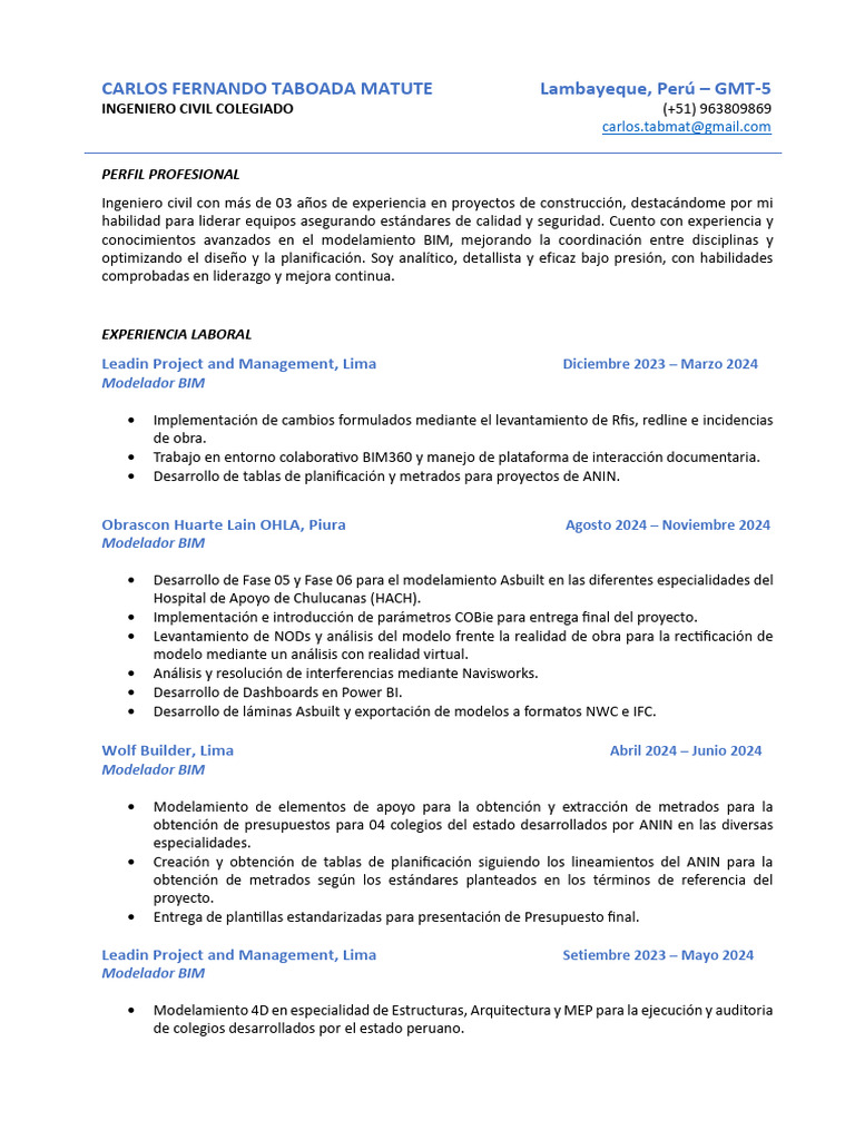 CV Taboada 2025 Doc.c | PDF | Autodesk Revit | Ingeniería