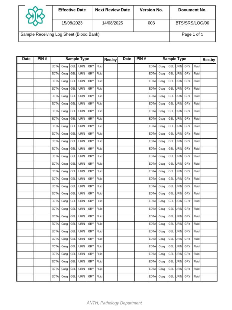 Blood Bank Sample Receiving Log | PDF | Medical Specialties | Clinical ...