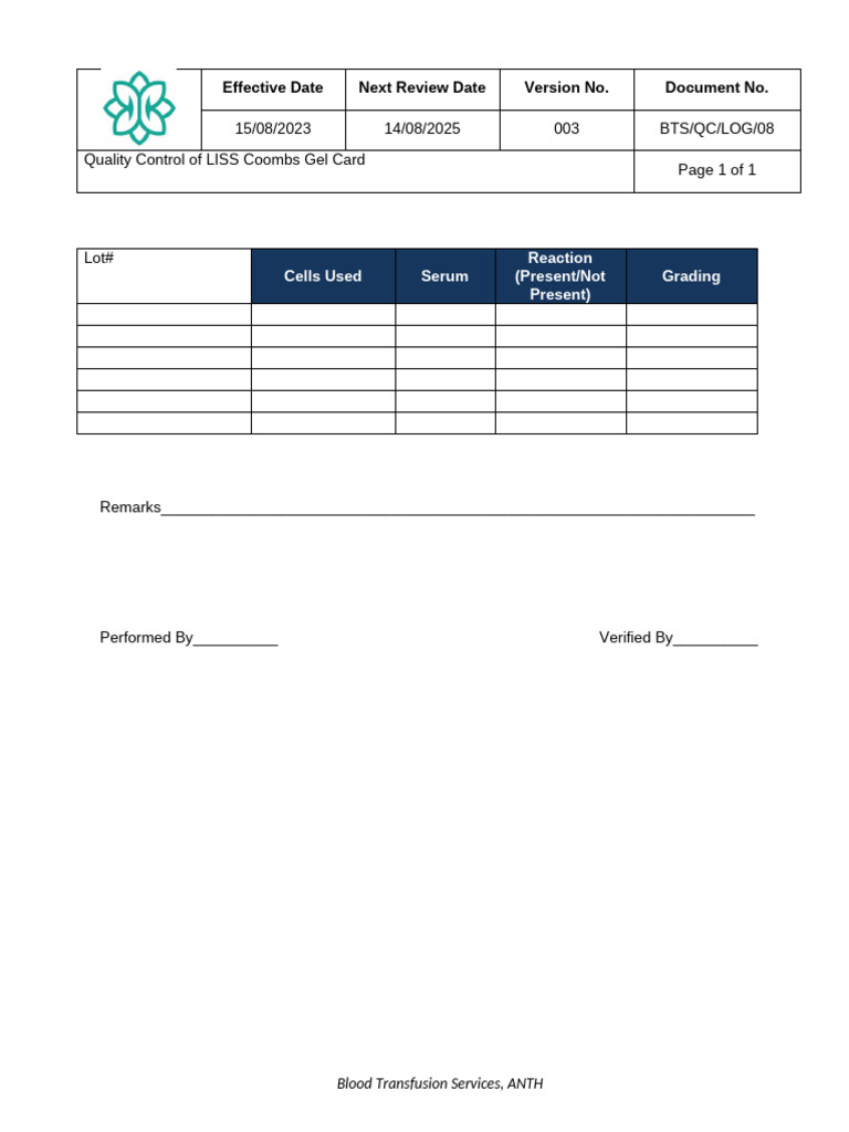 LISS Coombs Gel Card Quality Control | PDF
