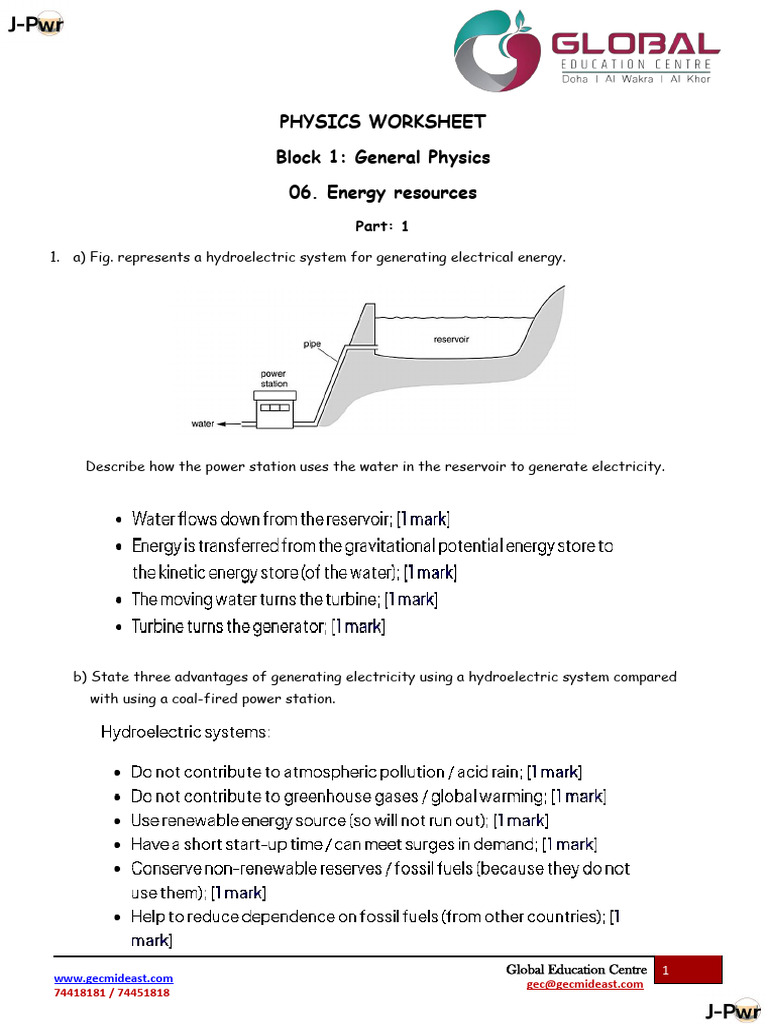 MS Energy Resources Worksheet 1 | PDF | Power Station | Electricity ...