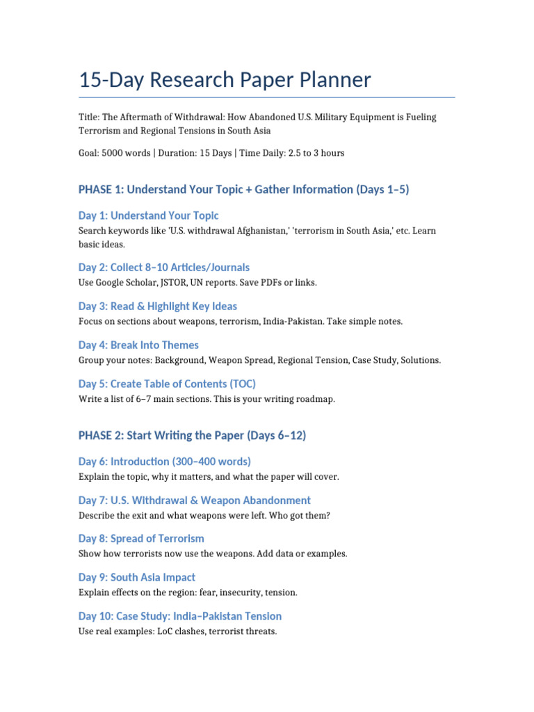 15-Day Research Paper Planner | PDF