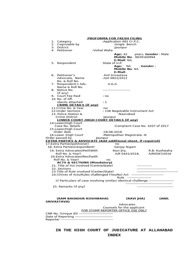 Fresh Filing Proforma for CrPC 482 | PDF | Affidavit | Legal Procedure