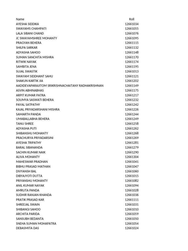 Student Roll Numbers List | PDF