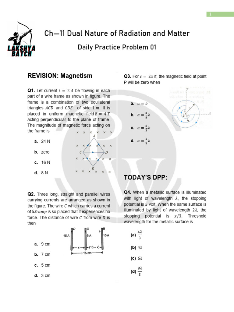Dual Nature of Radiation and Matter DPP-01 Lec-01 @physicswallahlakshyavideos ...