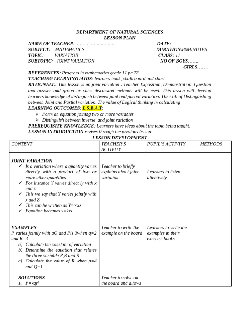 GRADE 11 MATHEMATICS VARIATION - JOINT VARIATION Editable Lesson Plan ...