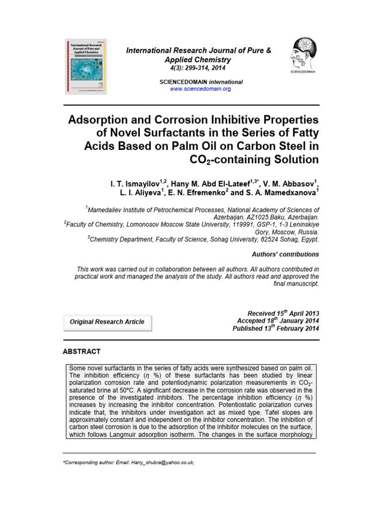 Ismayilov 432013 IRJPAC4524 | PDF | Corrosion | Adsorption