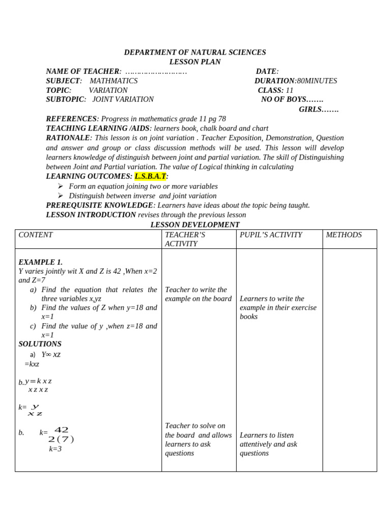 GRADE 11 MATHEMATICS VARIATION - JOINT VARIATION 2 Editable Lesson Plan ...