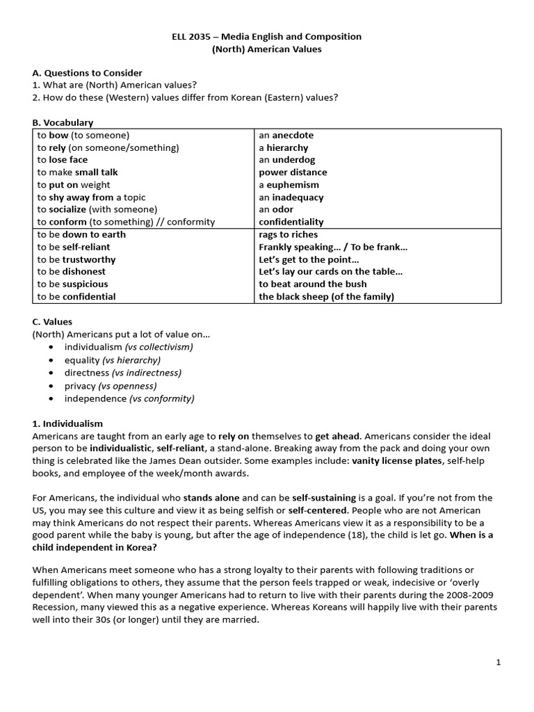 North American Values Handout | PDF