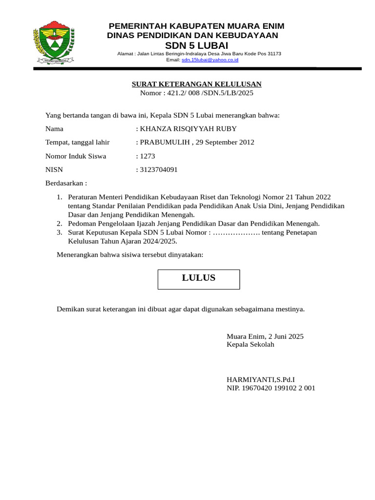 Surat Keterangan Kelulusan SDN 5 Lubai | PDF