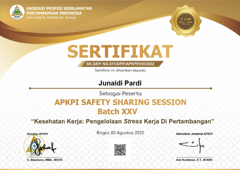 Junaidi Pardi - Sertifikat Pengelolaan Stress di Tempat Kerja - APKPI | PDF