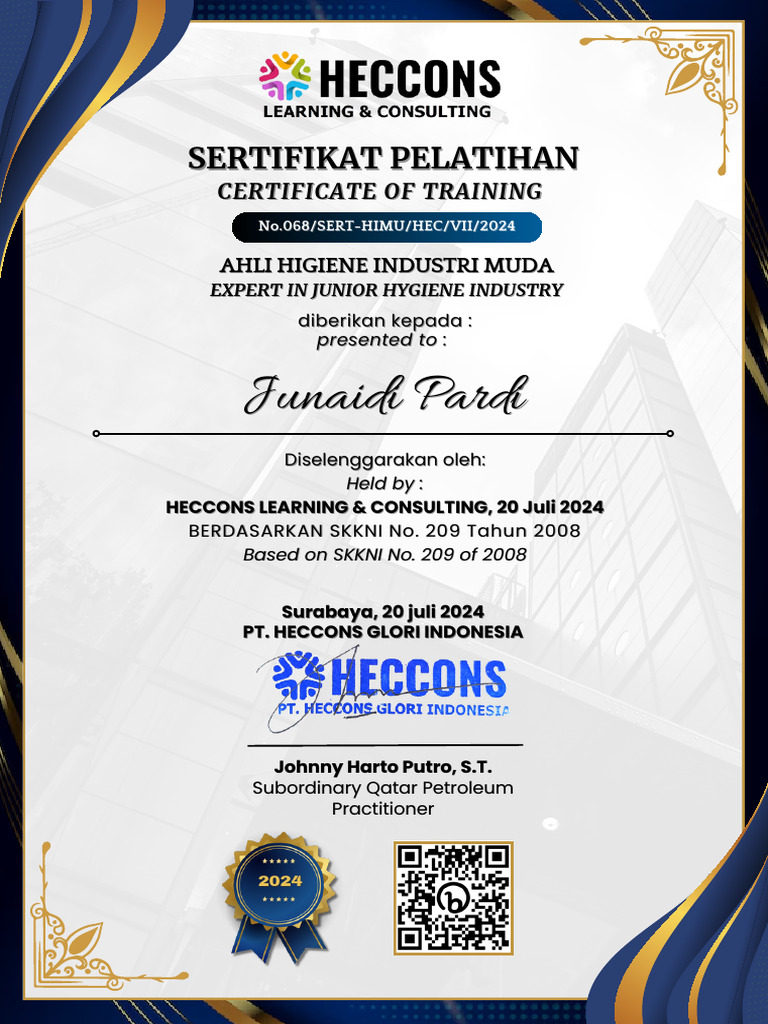 Junaidi Pardi - Sertifikat Pelatihan Ahli Higiene Industri Muda (SKKNI) - Heccons ID | PDF