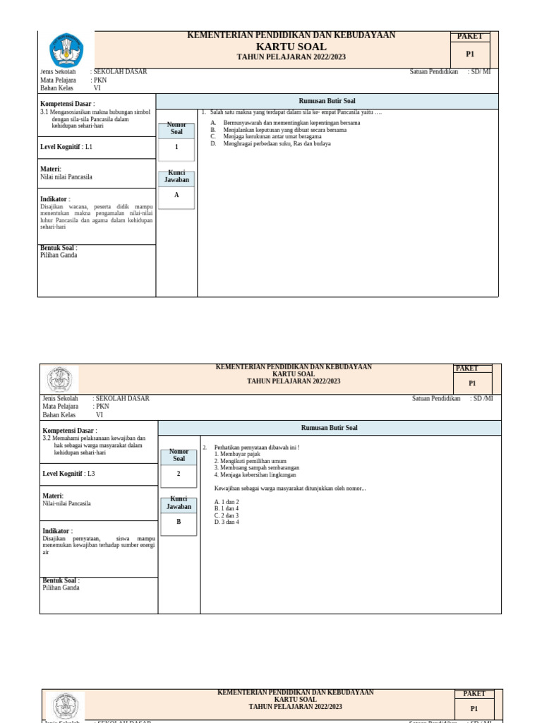 Kartu Soal Us PPKN Kelas 6 TP 2025 | PDF