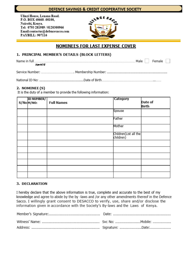 Last Expense Cover Nomination Form | PDF