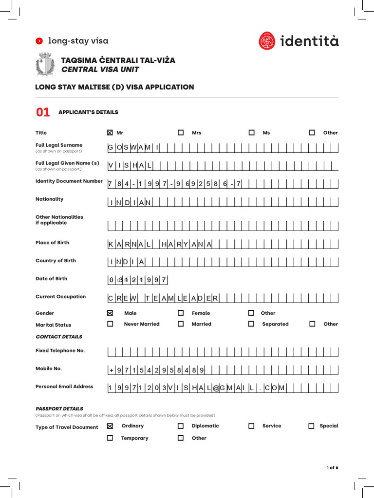 Malta Long-Stay D Visa Application Form | PDF | Travel Visa | Passport