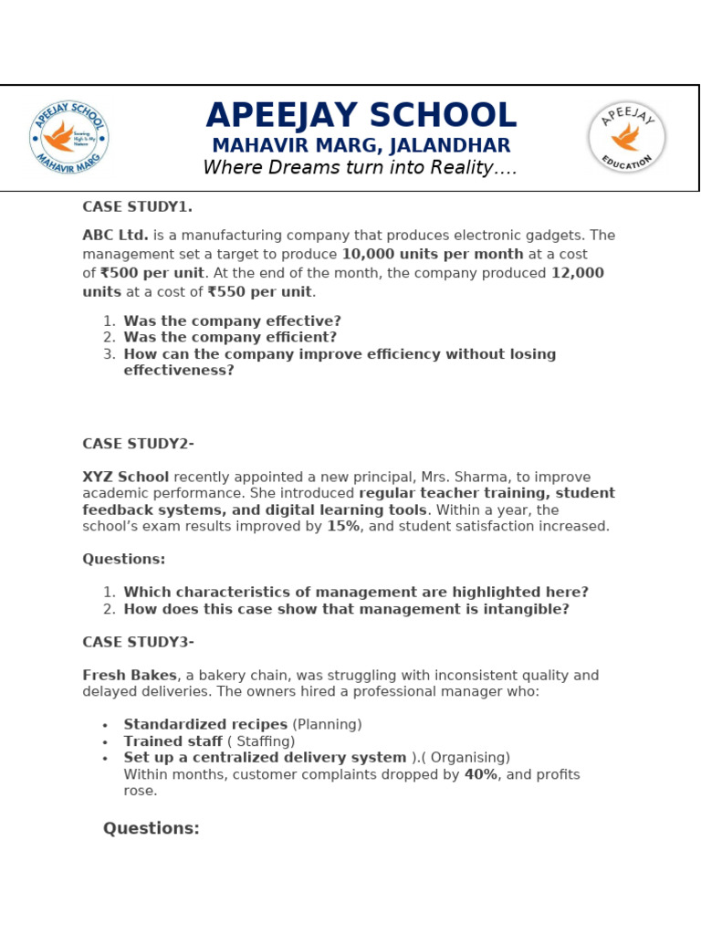 WORKSHEET2, CASE STUDIES, UNIT1, MEANING OF MGT, EFFICIENCY ...
