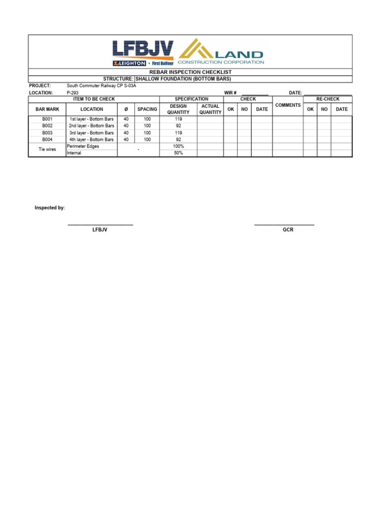 Shallow Foundation Rebar Checklist Bot. Bars 1 | PDF