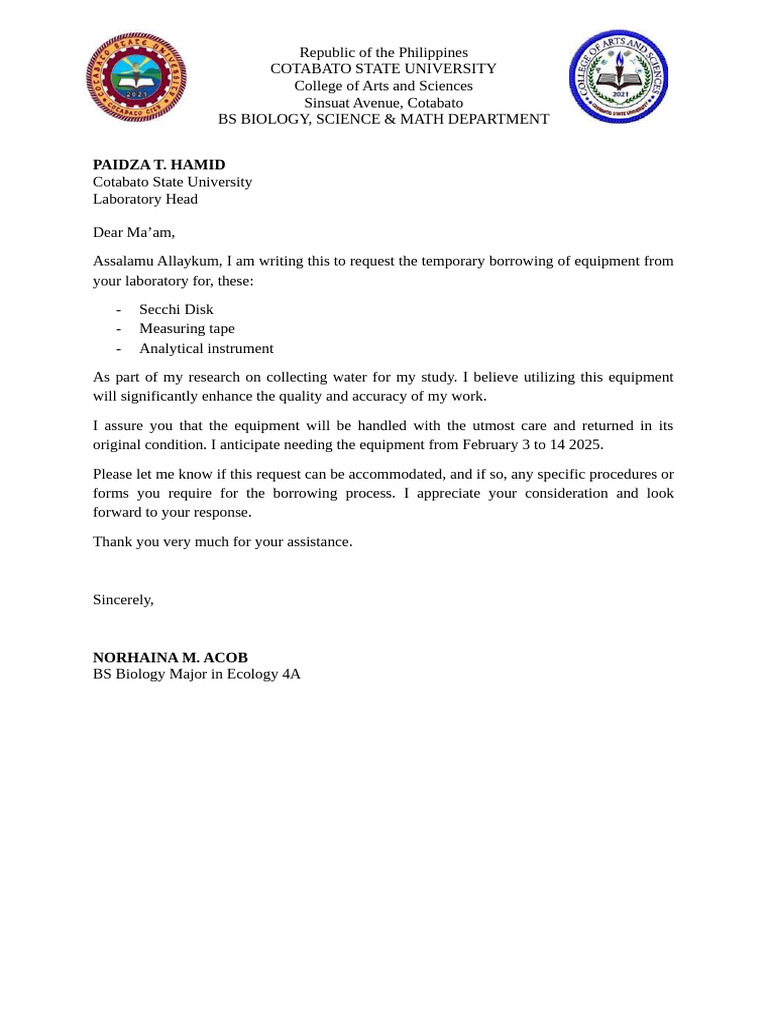 Request for Laboratory Equipment Borrowing | PDF