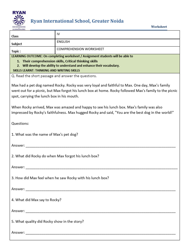 Class 4 English Worksheet Comprehension 28 April - Ic1315819 | PDF