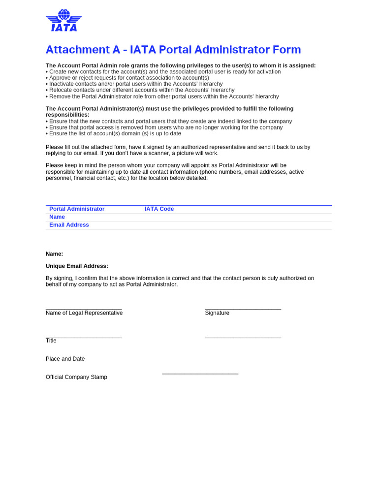 IATA Portal Administrator Form Instructions | PDF