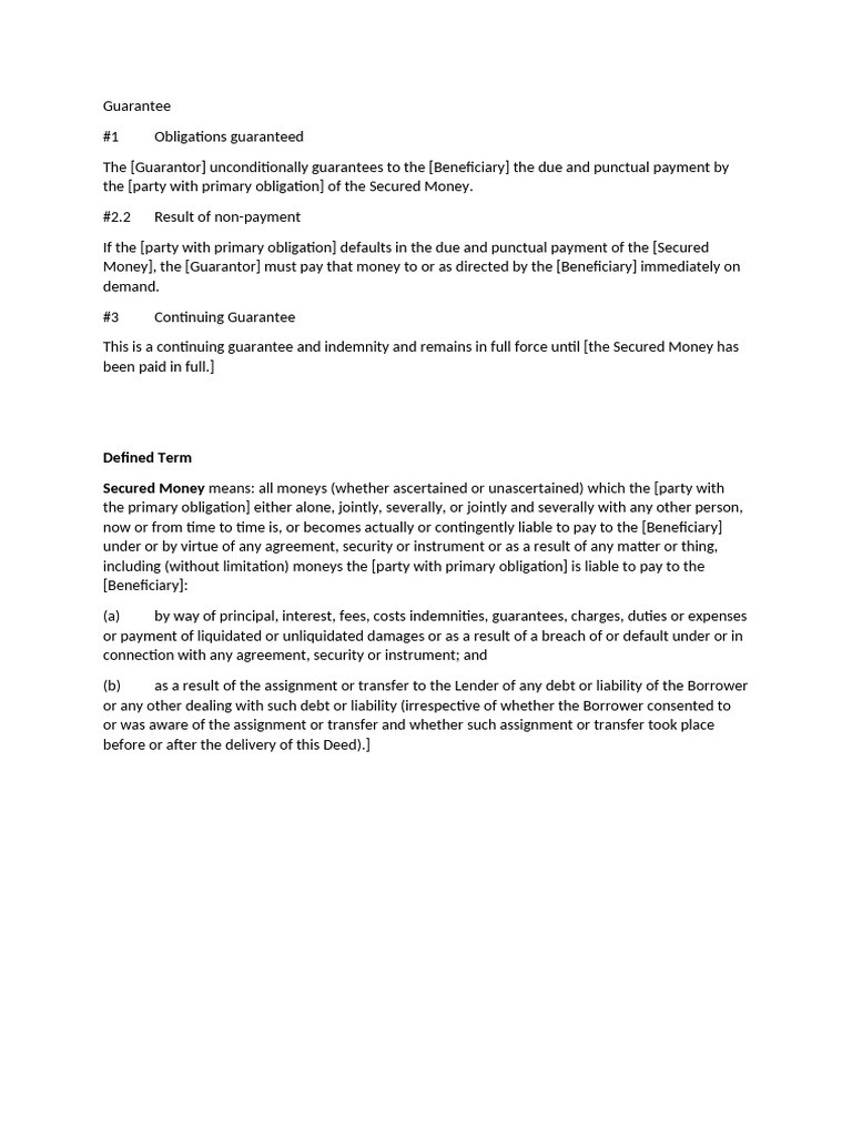 Sample Personal Guarantee Clause | PDF