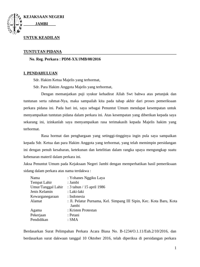 CONTOH SURAT TUNTUTAN PIDANA Yang Baik Dan Benar | PDF