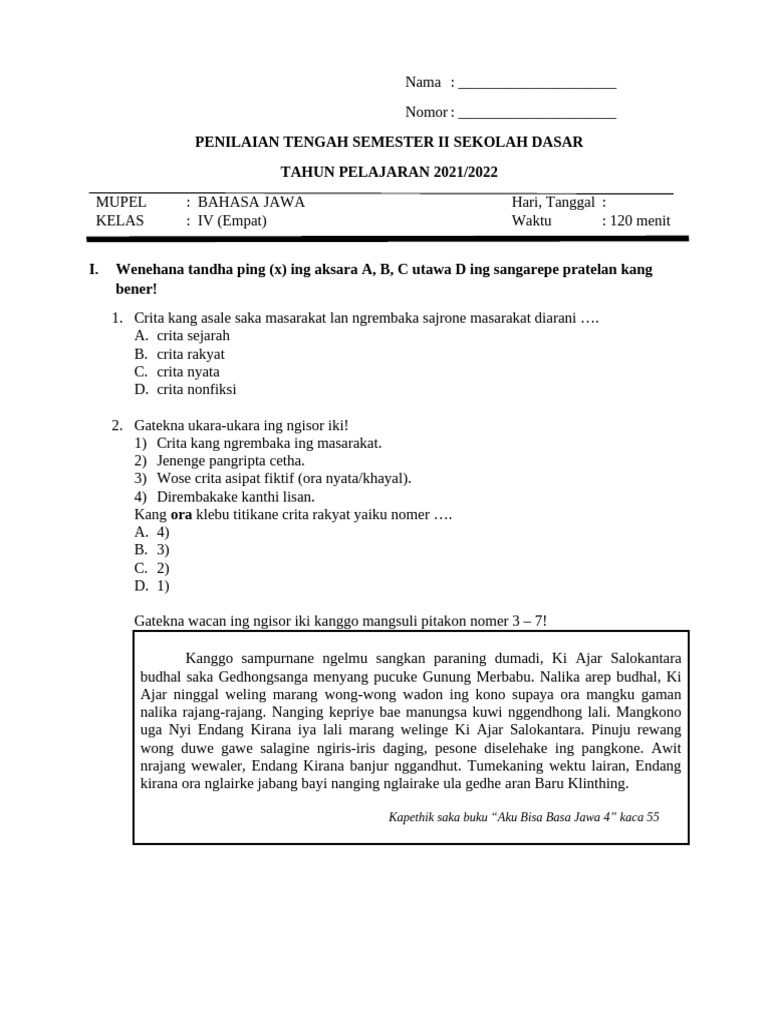 Soal PTS Bahasa Jawa | PDF