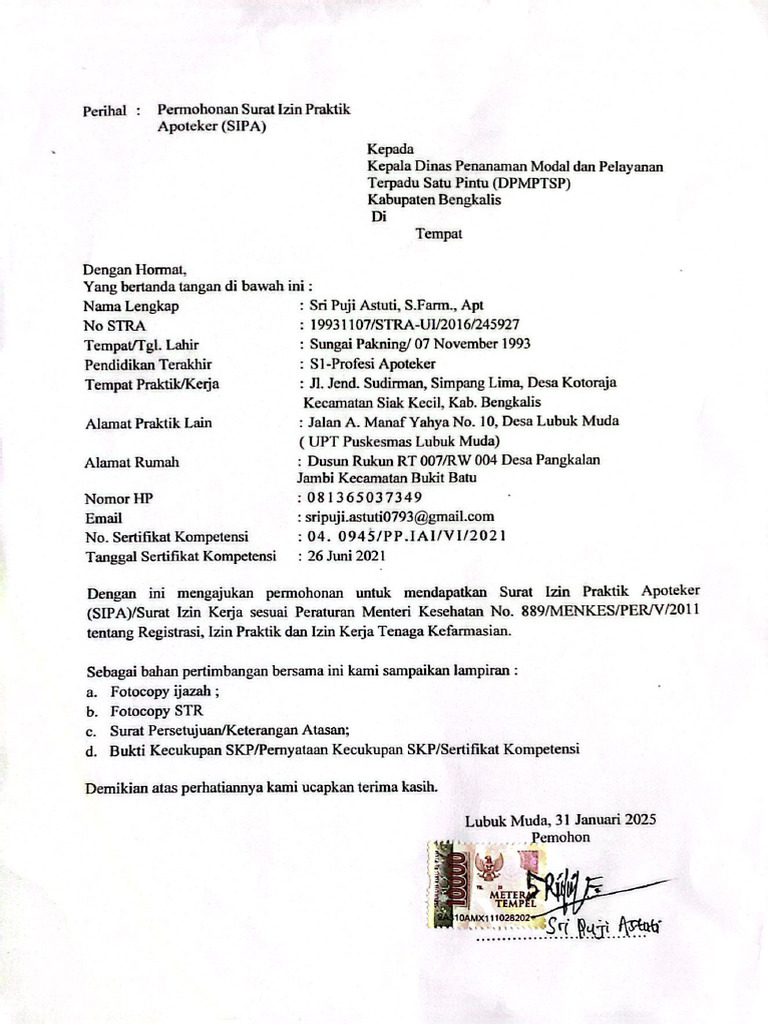 Surat Permohonan SIP Apoteker | PDF