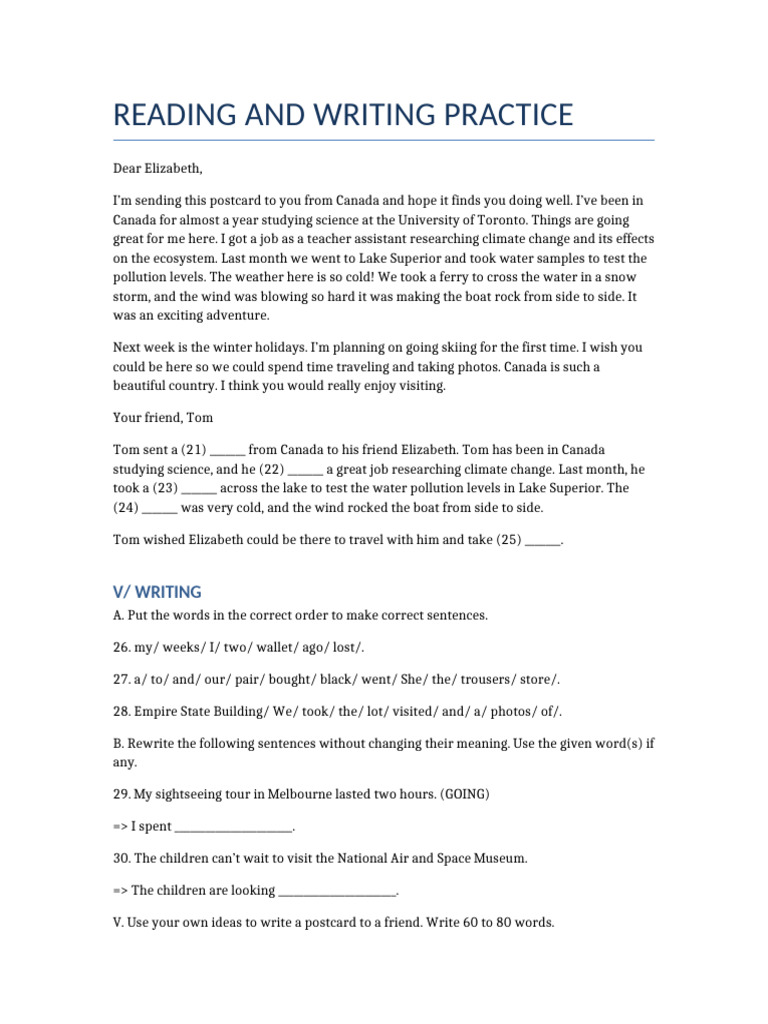 Postcard Writing and Practice Exercises | PDF