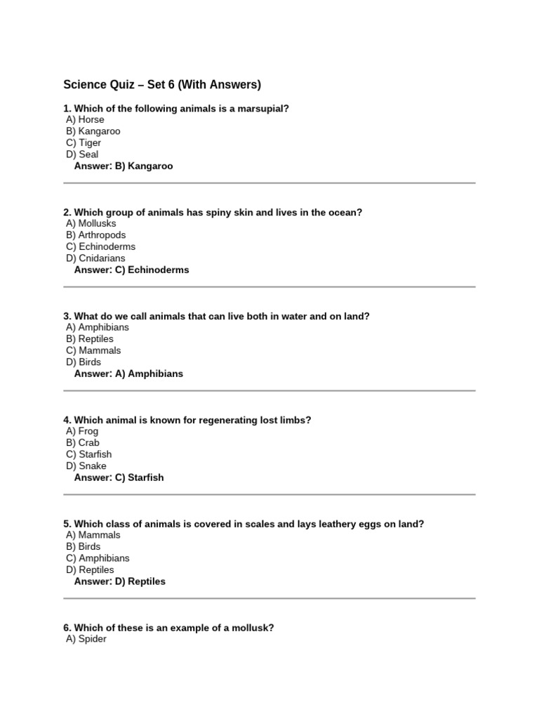 Science Quiz - Set 6 (With Answers) | PDF