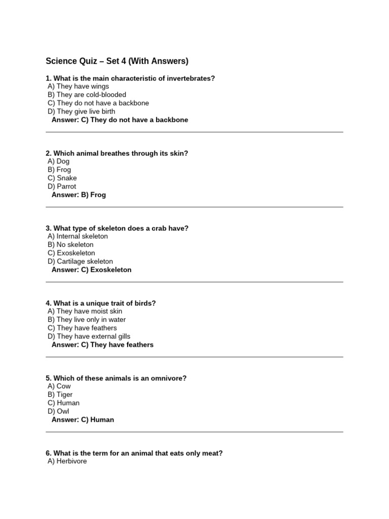Science Quiz - Set 4 (With Answers) | PDF