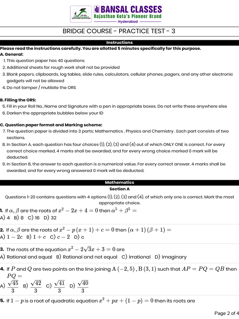 BRIDGE COURSE Practice Test - 3 | PDF | Mass | Kinetic Energy