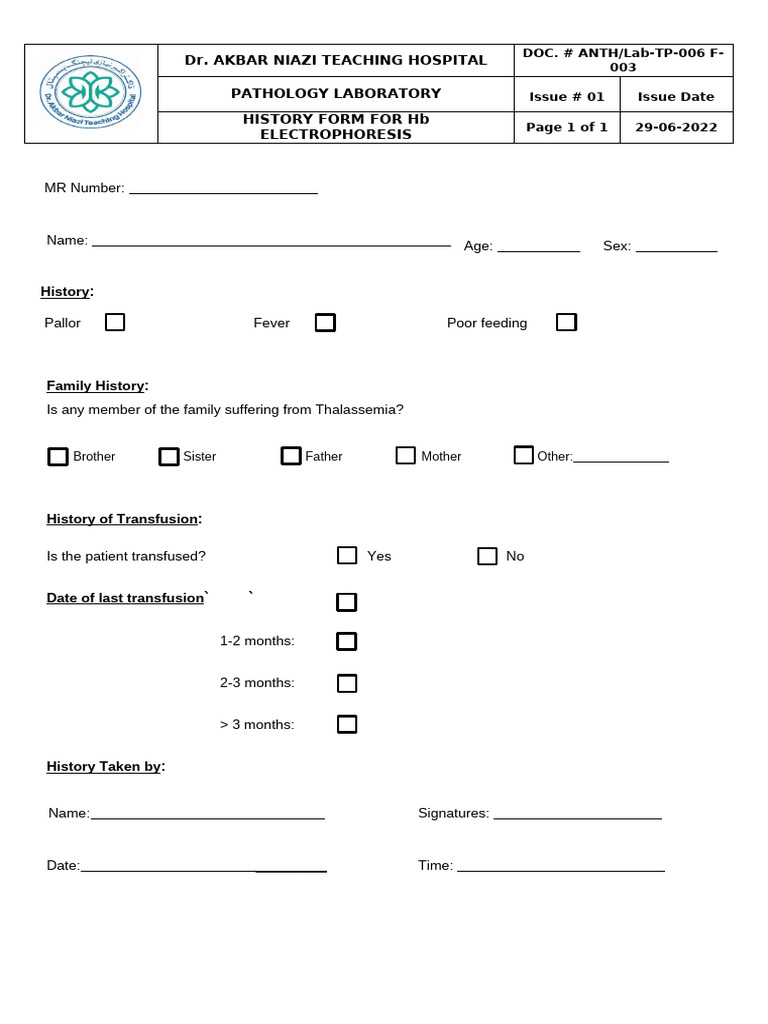 Hb Electrophoresis History Form | PDF