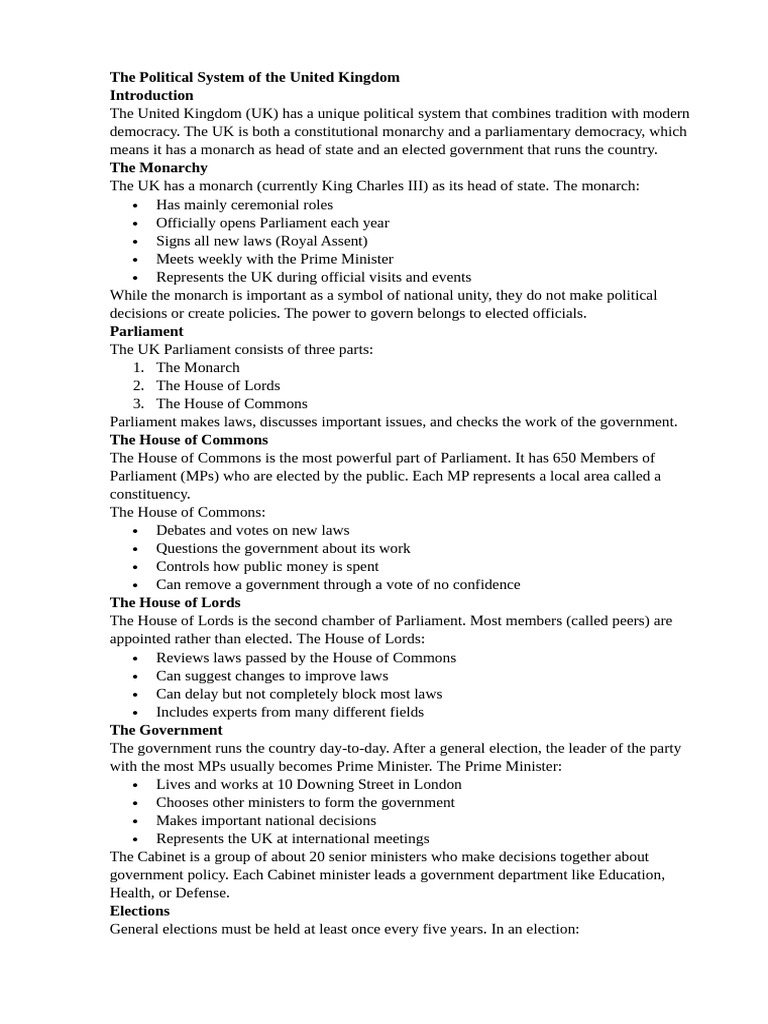 Understanding the UK Political System | PDF | House Of Commons Of The ...