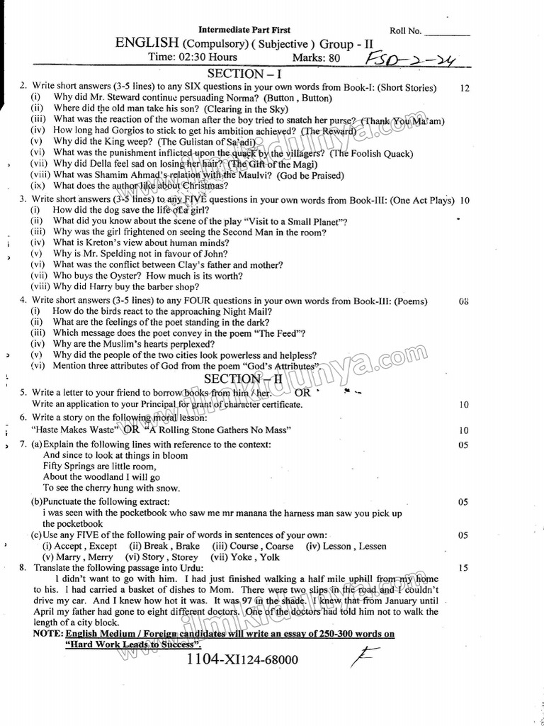 Past Paper 2024 Faisalabad Board Class 11th English Group II Subjective ...