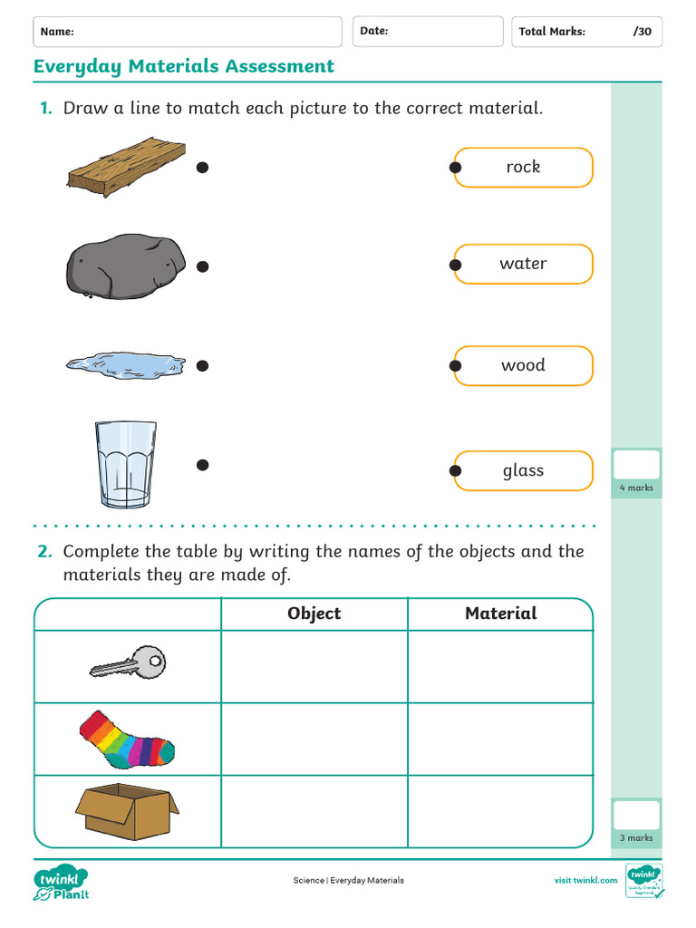 science-everyday-materials-year-1-assessment-test | PDF | Glasses ...