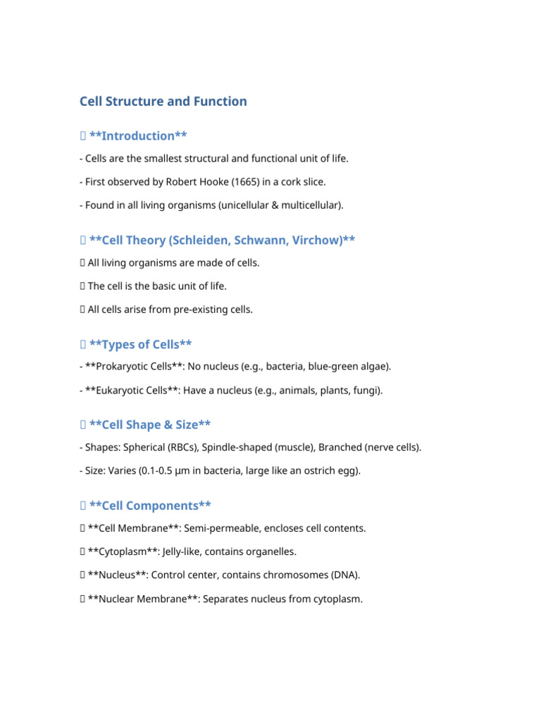 Cell_Structure_and_Function_Cheat_Sheet | PDF