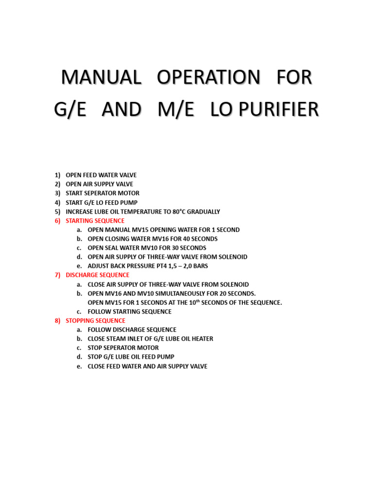 Manual Operation of Lo Purifier | PDF