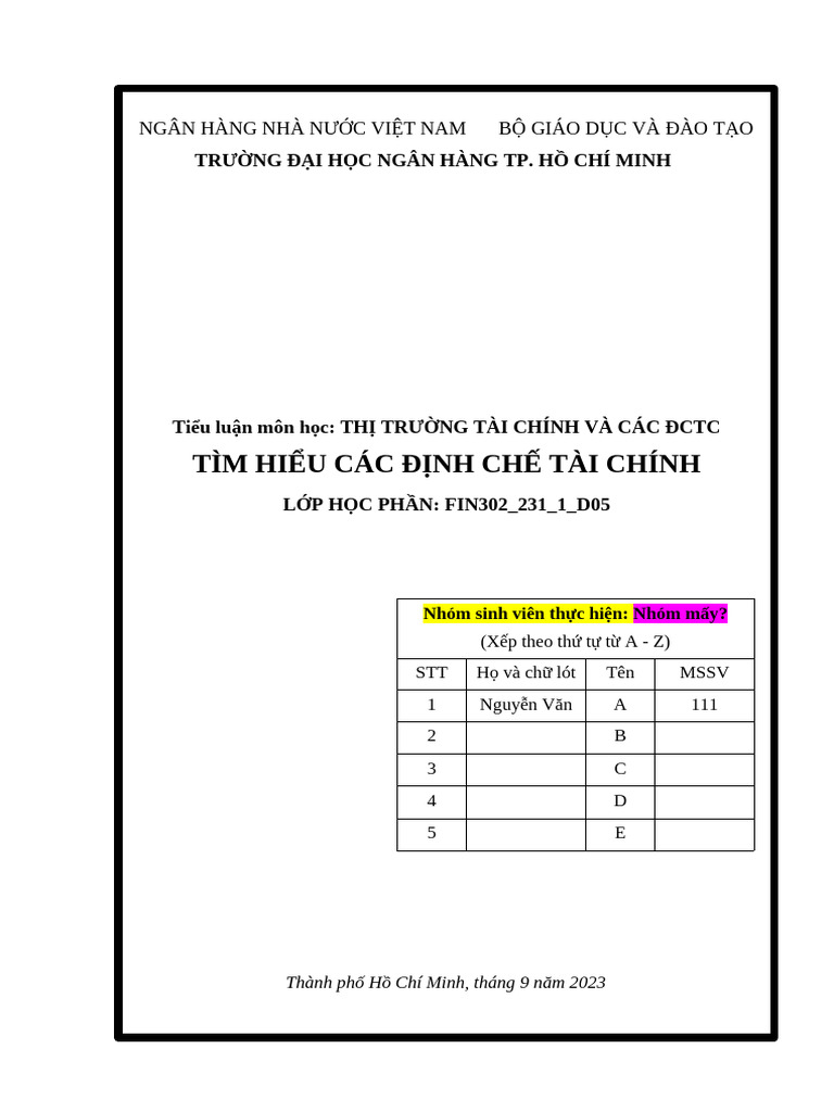 Mẫu Cấu Trúc Bài Tiểu Luận Nhóm Môn TTTC | PDF