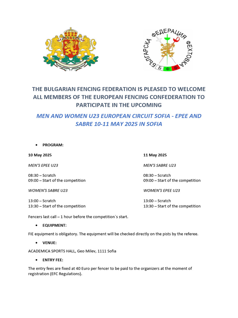Invitation U23 Sofia Bulgaria 10-11.05.2025 | PDF | Fencing | Sword