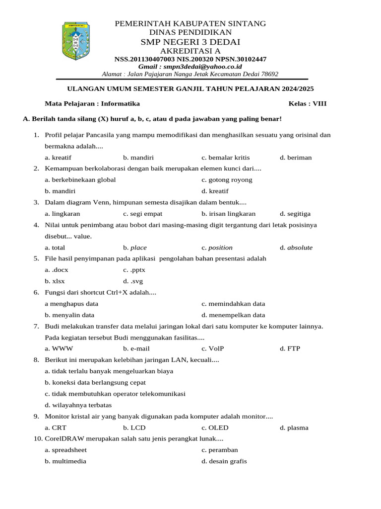 Soal Informatika Kelas 8 SMPN 3 DEDAI | PDF