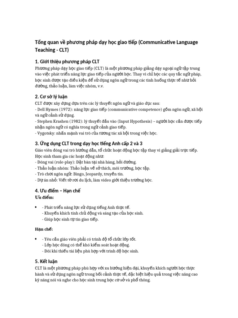 Tổng quan về phương pháp dạy học giao tiếp (Communicative Language Teaching - CLT) | PDF