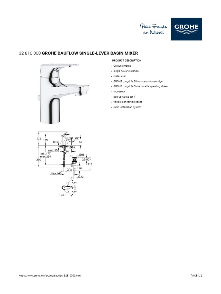 GROHE Specification Sheet 32810000 | PDF