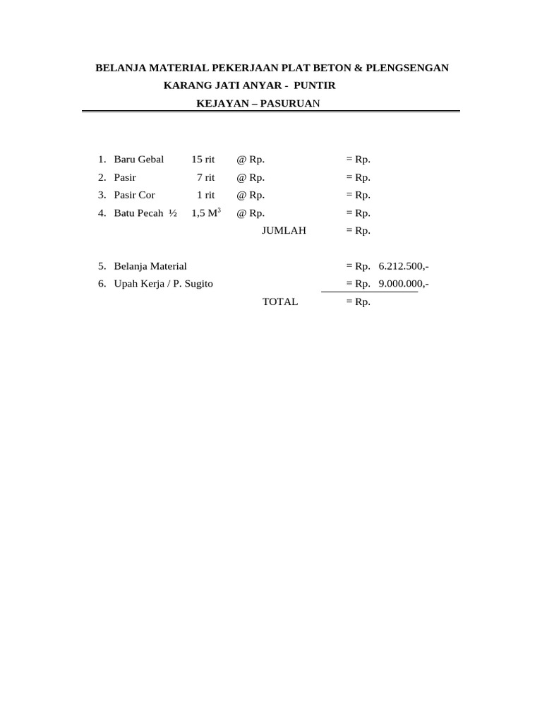 Belanja Material Pekerjaan PLT | PDF
