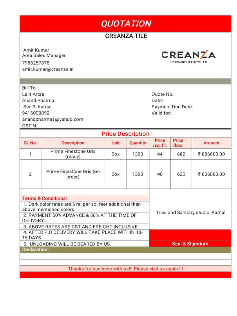 Creanza Tile Quotation Anand Pharma | PDF