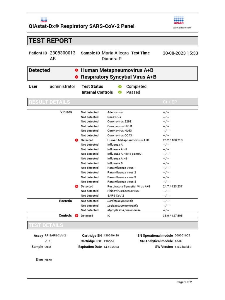 QIAstat-Dx Respiratory Test Results | PDF | Influenza | Microbiology