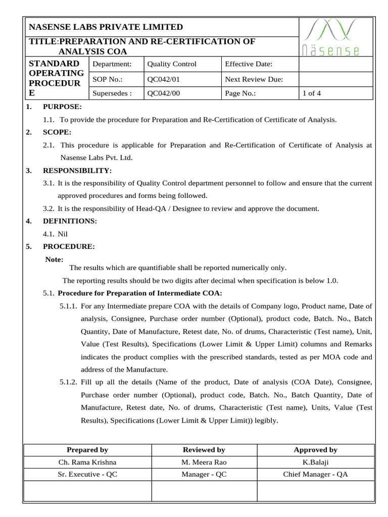 QC-042 01 Preparation and Re Certification of COA | PDF | Specification (Technical Standard)