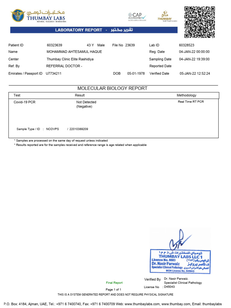 Molecular Biology Report: 60328523 Lab ID 60323639 Patient ID Mohammad ...